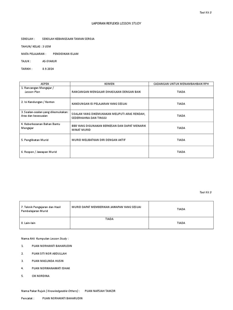 Contoh Laporan Refleksi Lesson Study | PDF