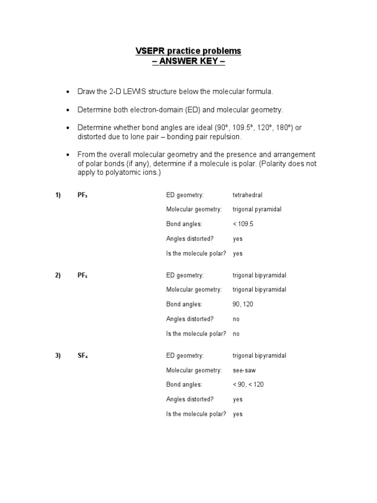 VSEPR Practice Problems & Answers | PDF | Chemical Polarity | Organic ...