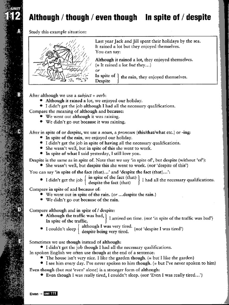 Although Though Even Though in Spite Despite | PDF