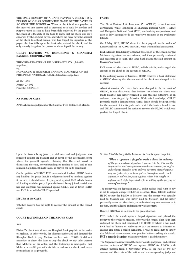 Great Eastern vs. Hongkong & Shanghai Banking Corporation | PDF ...