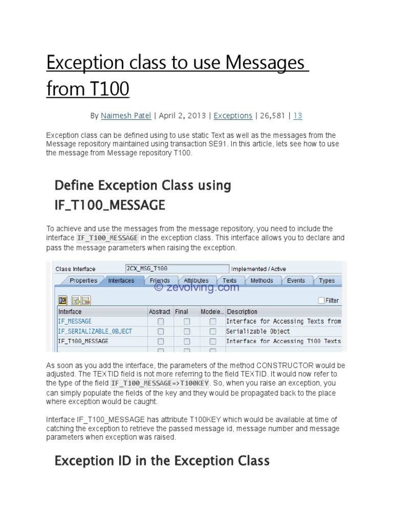 Exception Class To Use Messages From T100 | PDF | Class (Computer Programming) | Constructor ...