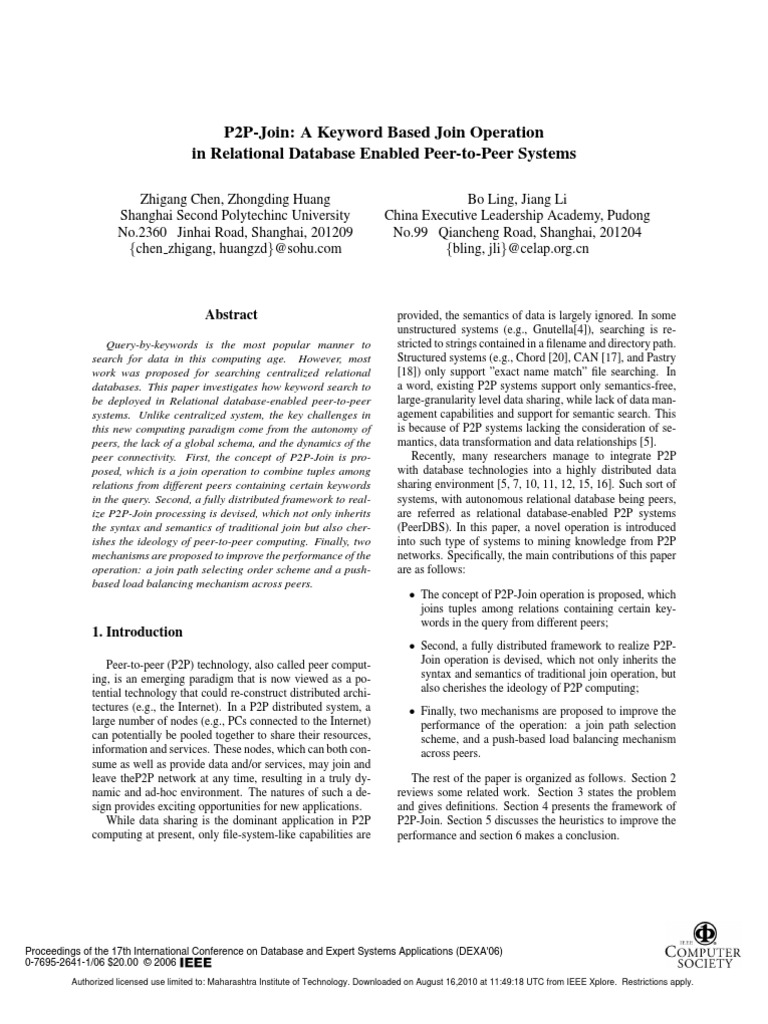P2P-Join: A Keyword Based Join Operation in Relational Database Enabled Peer-to-Peer Systems ...
