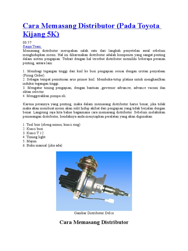 Cara Memasang Distributor Pada Toyota Ki | PDF | Teknologi & Rekayasa