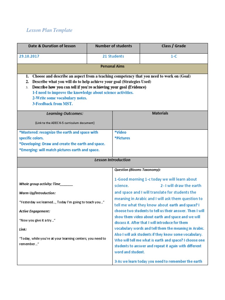 Lesson Plan Template: Date & Duration of Lesson Number of Students ...