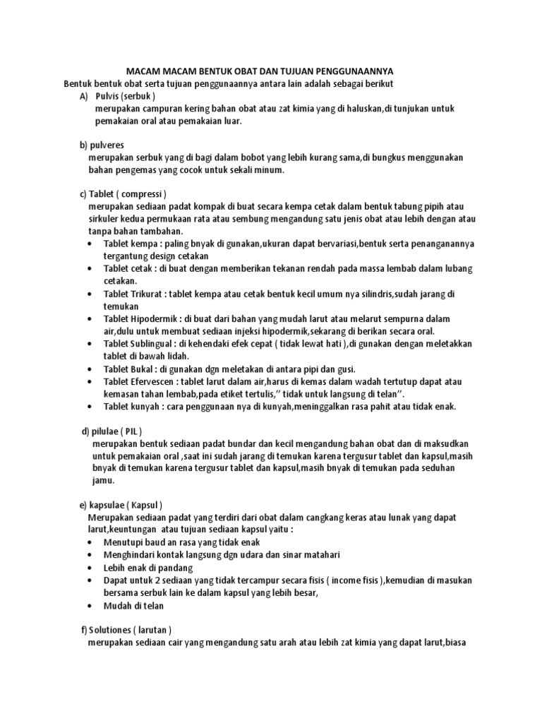 Macam Macam Bentuk Obat Dan Tujuan Penggunaannya | PDF | Kesehatan ...