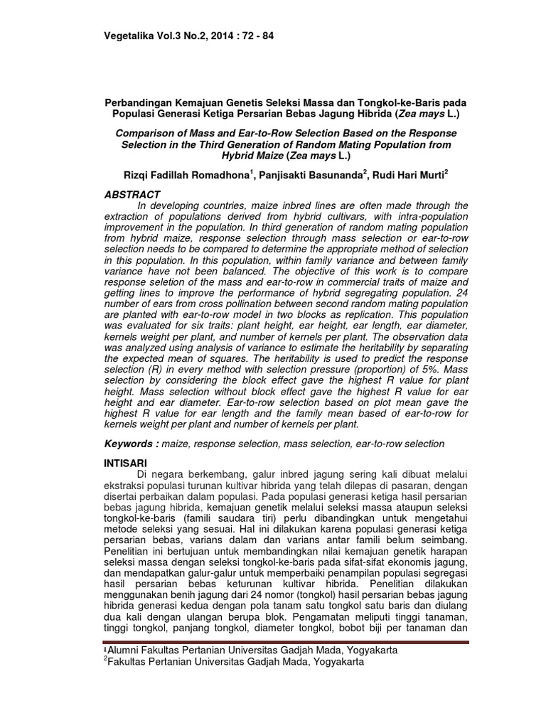 Ear-to-Row vs Mass Selection in Maize | PDF | Wellness | Science ...