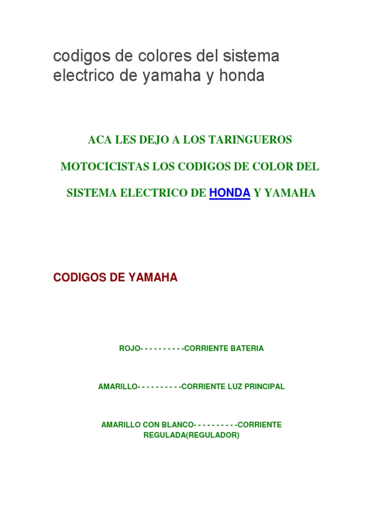 Codigos de Colores Del Sistema Electrico de Yamaha y Honda | PDF