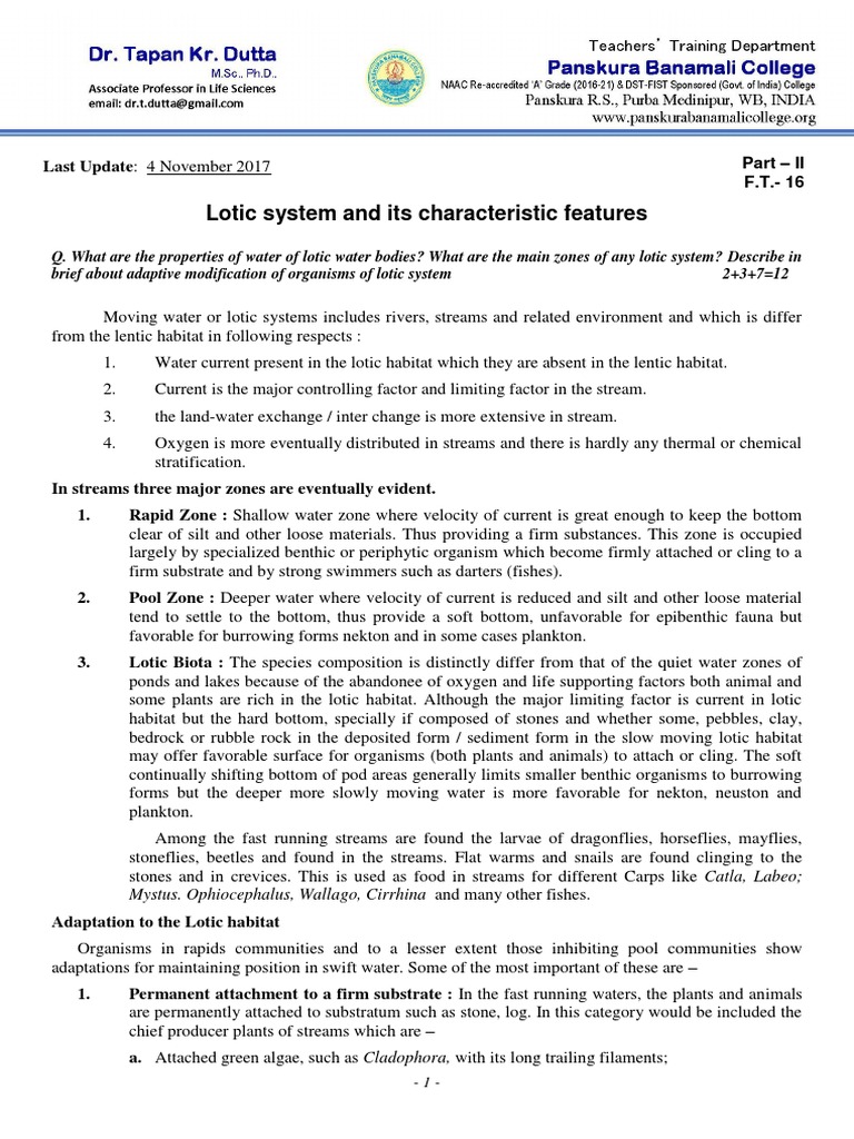 FT - 16 Lotic System and Its Characteristic Features | PDF | Habitat ...