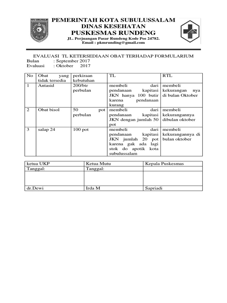 Hasil Evaluasi Tl Ketersediaan Obat Terhadap Formularium Pdf