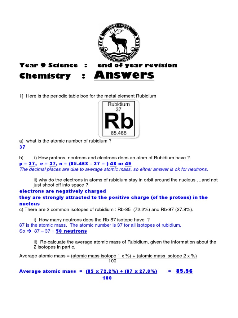 Year 9 Science Revison End of Year CHEM ANSWERS PDF | PDF | Ion | Alloy