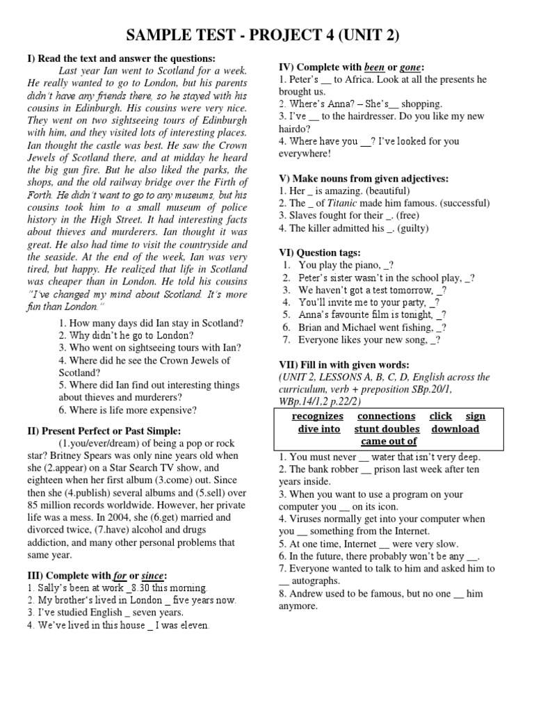 Sample Test - Project 4 (Unit 2) | PDF | Leisure | Entertainment (General)