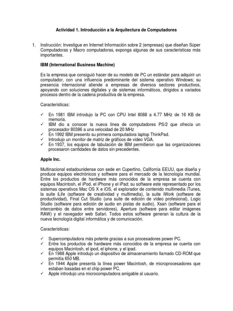 ACTIVIDAD 1. Introducción A La Arquitectura de Computadores | PDF ...
