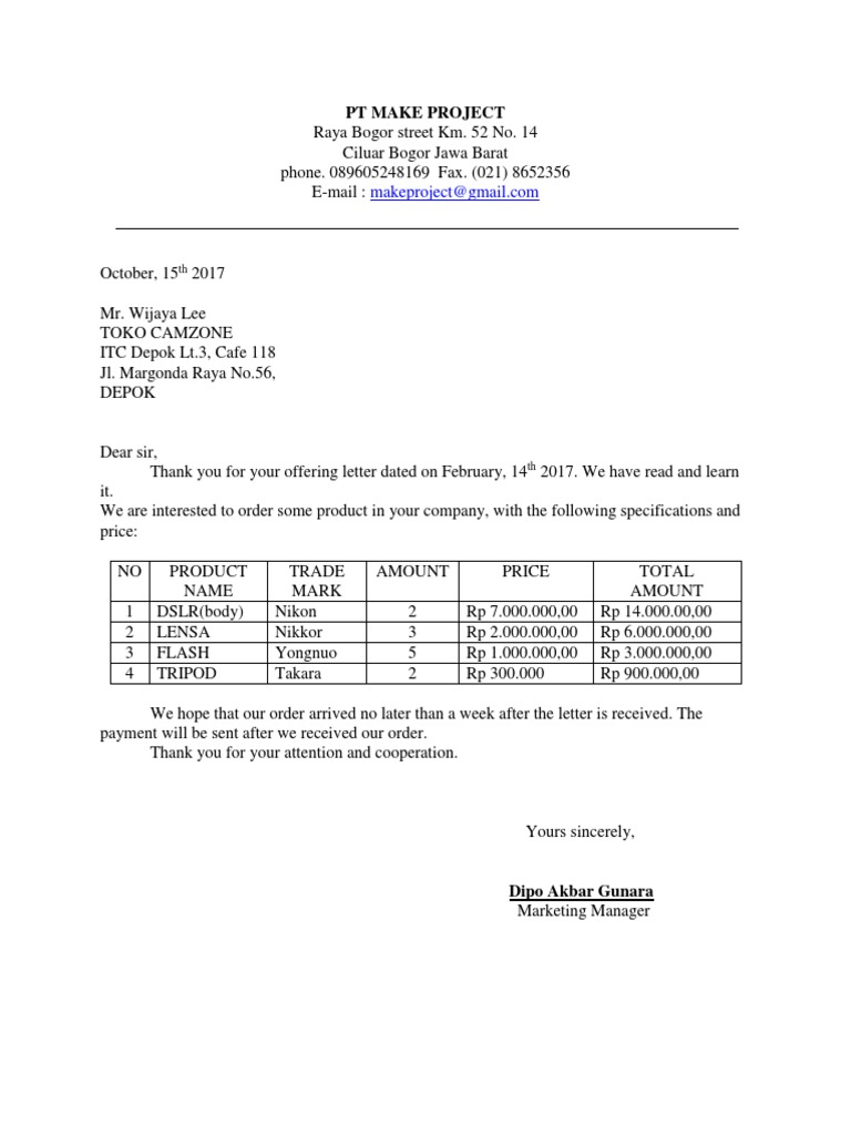 Product Order Confirmation Letter | PDF