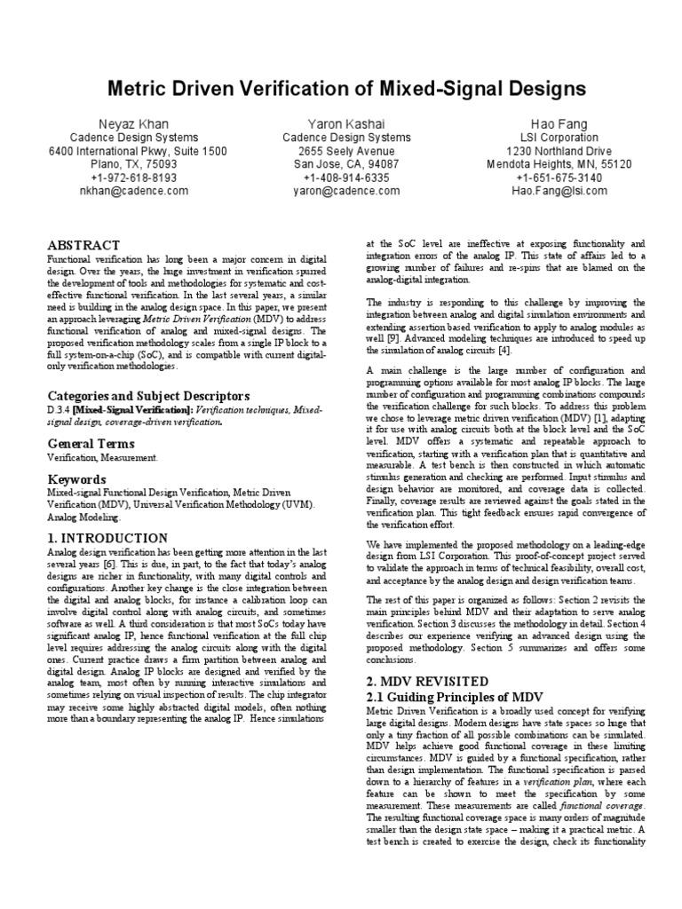 Metric Driven Verification of Mixed-Signal Designs: Neyaz Khan Yaron ...