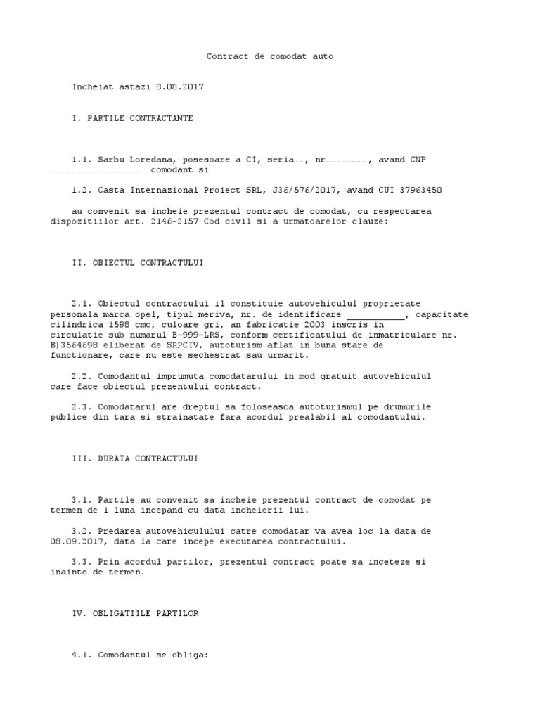 Model Contract de Comodat Auto | PDF