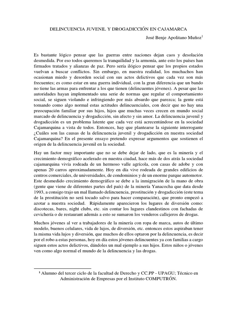 Ensayo Sobre Delincuencia Juvenil | PDF | La dependencia de sustancias | Juventud