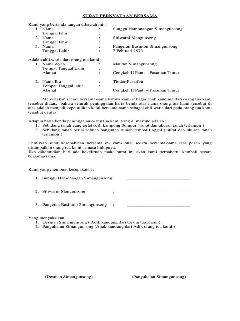 Joint Inheritance Statement | PDF