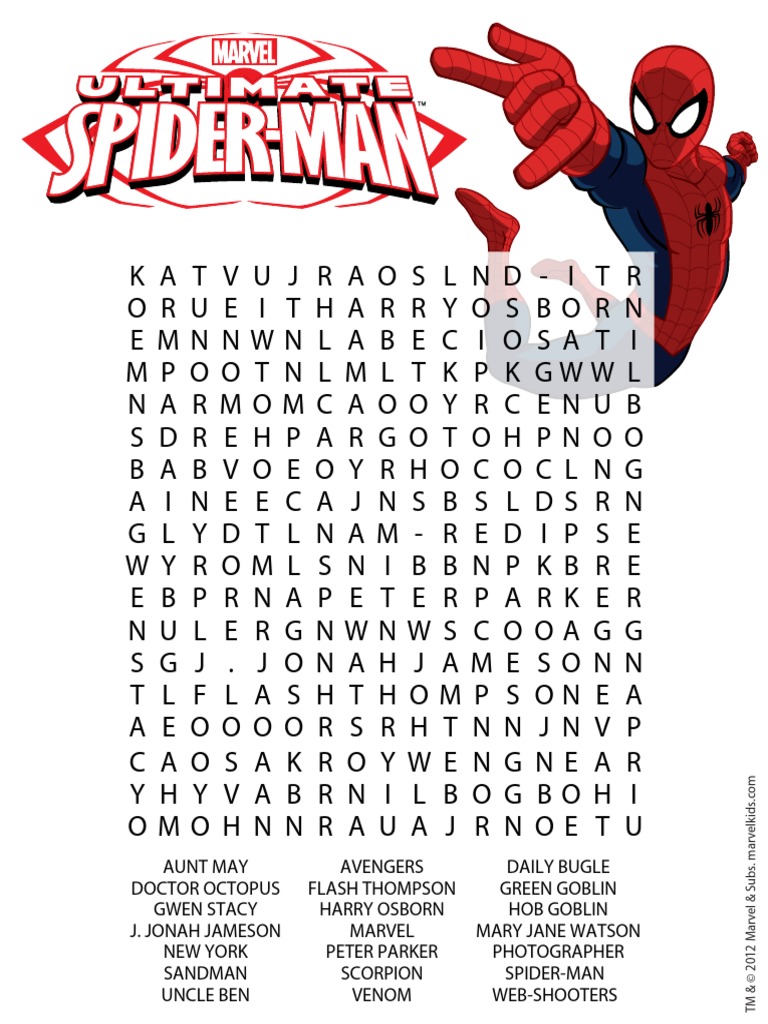 Spiderman Word Search | PDF | Spider Man | Marvel Comics Characters