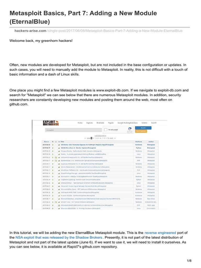 Metasploit Basics Part 7 Adding A New Module EternalBlue | PDF | System ...