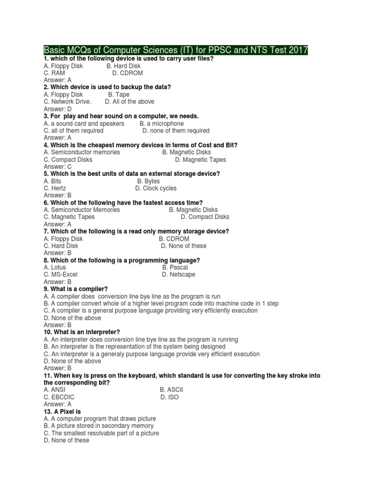 Basic MCQs of Computer Sciences | PDF | Random Access Memory | Computer ...