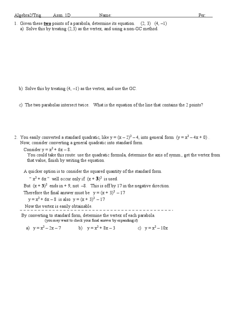 Parabola Equations and Vertex Analysis | PDF