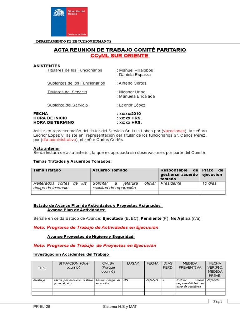 Acta Reunion Comite Paritario | Gestión de recursos humanos