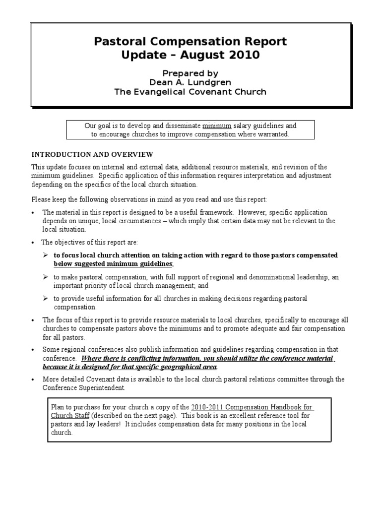 Pastoral Compensation Report Update – August 2010: Prepared by Dean A ...