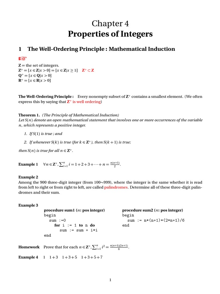 Properties of Integers: 1 The Well-Ordering Principle: Mathematical Induction | PDF | Integer ...