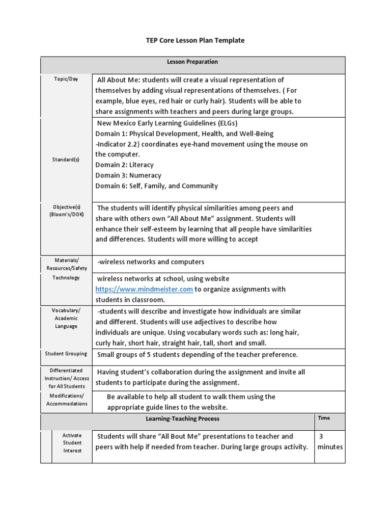 Tep Lesson Plan Template and Descriptions | PDF | Homework | Teachers