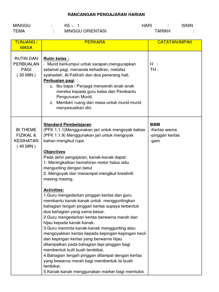 Rph-Minggu 1 Tema Orientasi | PDF