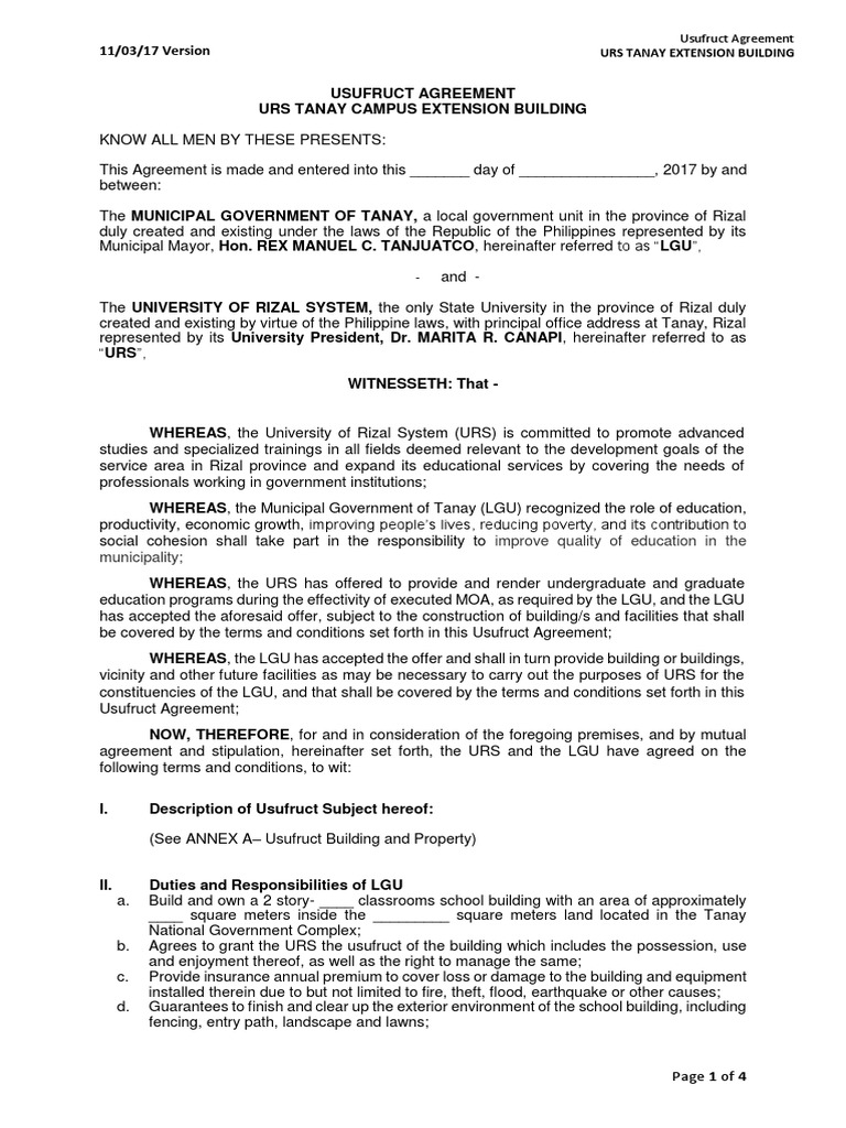 Usufruct Agreement | Government Information | Private Law