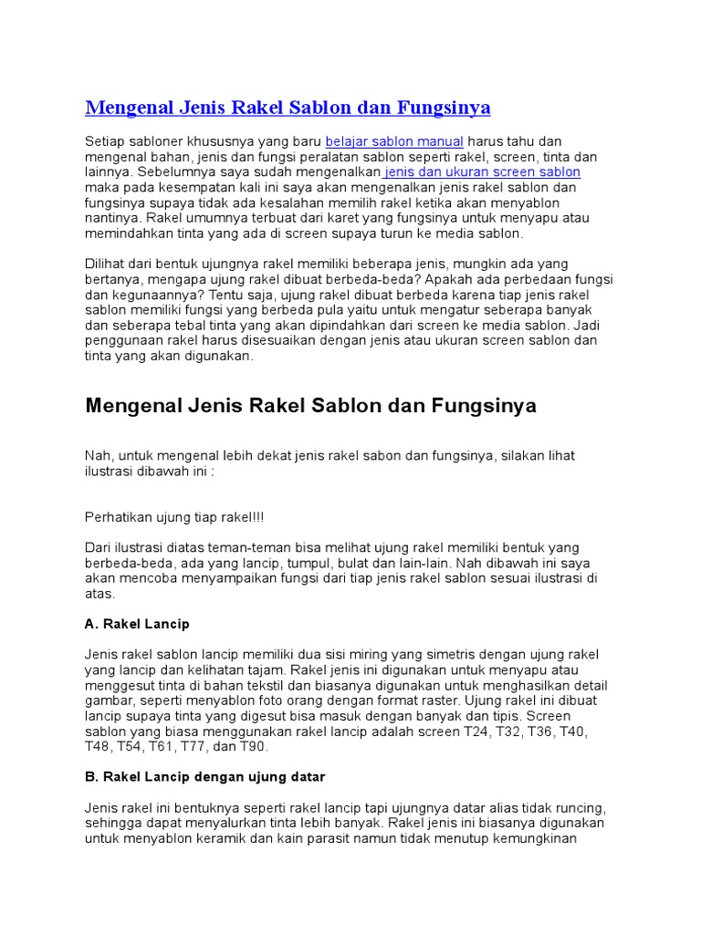 Jenis Rakel Sablon Dan Fungsinya | PDF