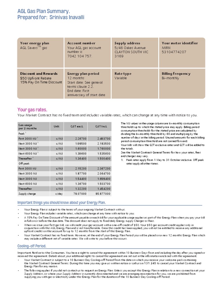 AGL Gas Plan Summary. Prepared For: Srinivas Inavalli | PDF | Debit ...