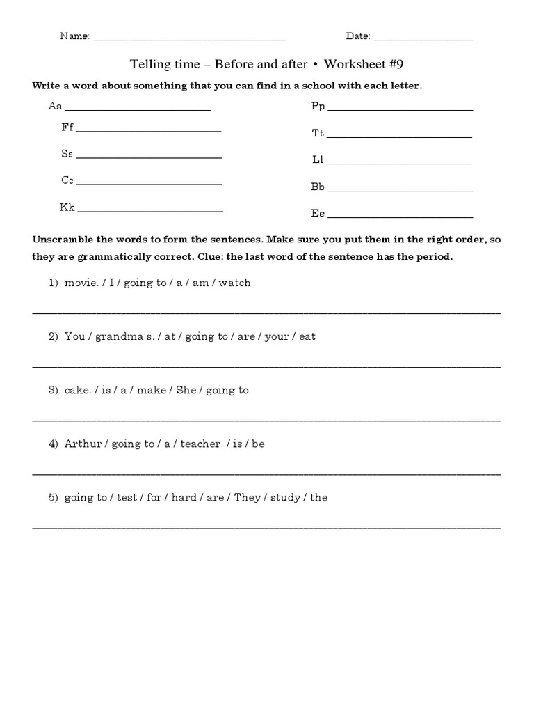 Telling Time - Before and After - Worksheet #9: 1) Movie. / I / Going ...