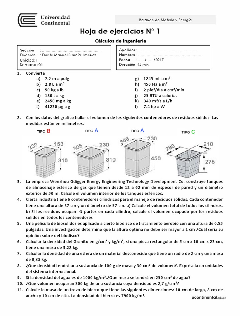 Semana01 1 Hoja de Ejercicios 1 | PDF | Densidad | Kilogramo