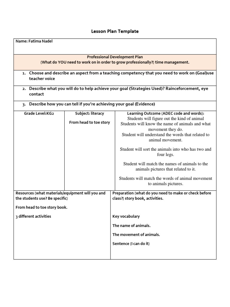 Lesson Plan Template About Head To Toe Story | PDF | Lesson Plan | Teachers