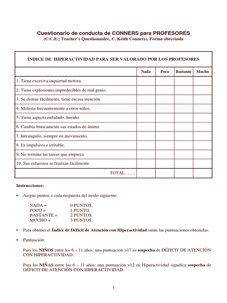 Test de Conners para Imprimir PDF | PDF | Desorden hiperactivo y ...