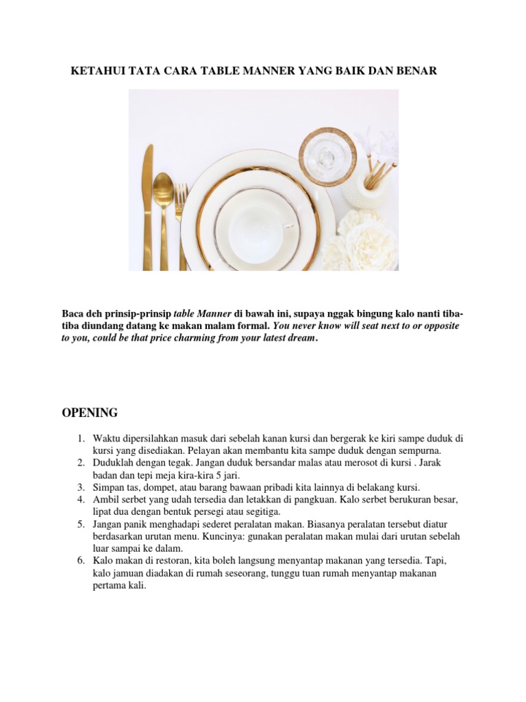 Ketahui Tata Cara Table Manner Yang Baik Dan Benar | PDF