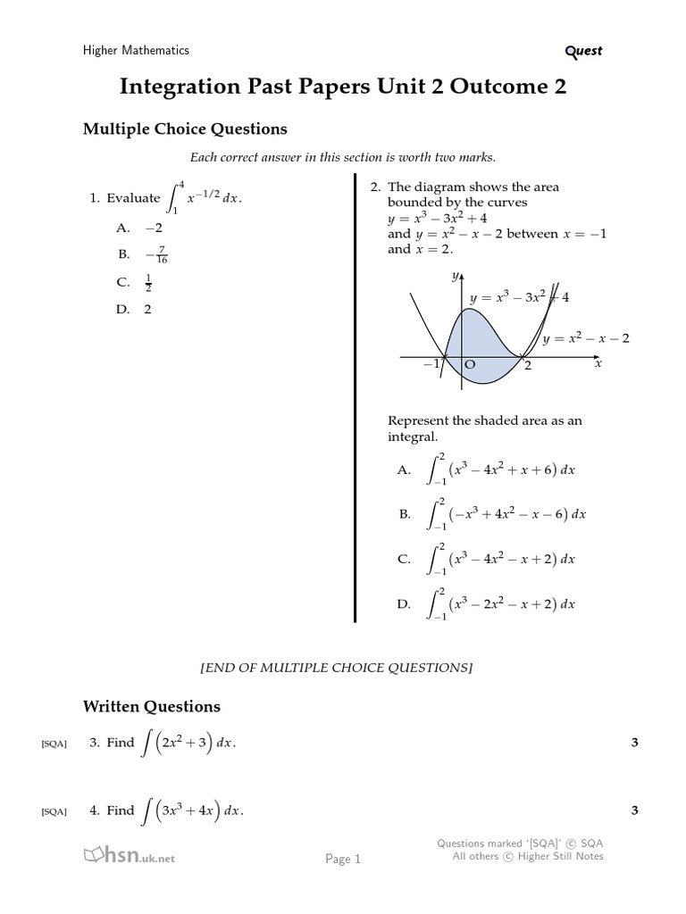 Integration Past Papers Unit 2 Outcome 2 | PDF | Curve | Equations
