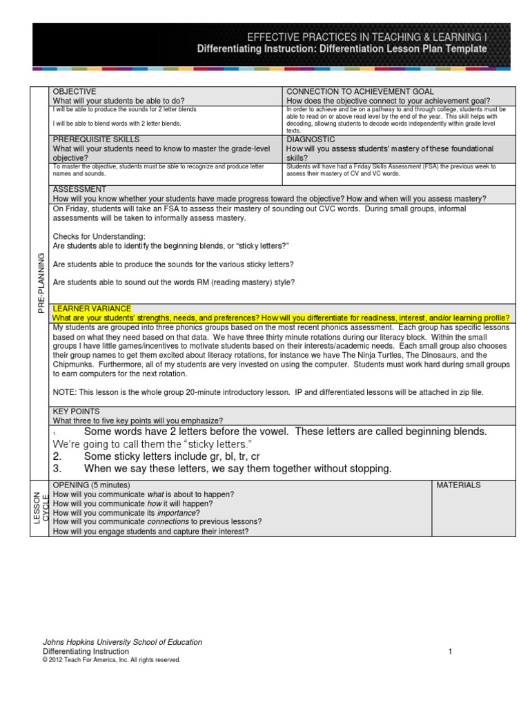 Differentiating Instruction: Differentiation Lesson Plan Template | PDF ...