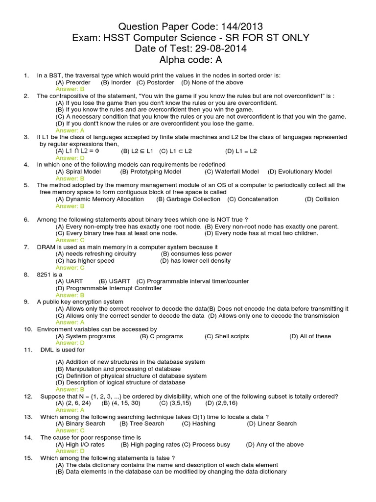 Hsst Computer Science 2013 Sc St Pdf Pdf C Programming Language Databases
