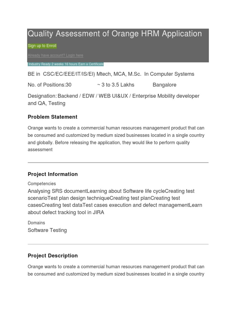 Quality Assessment of Orange HRM Application: Problem Statement | PDF ...