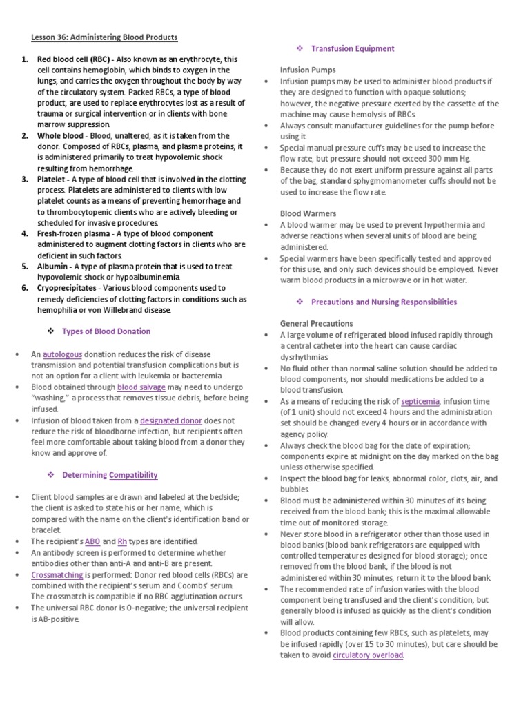 Lesson 36 Administering Blood Products | PDF | Blood Transfusion | Blood