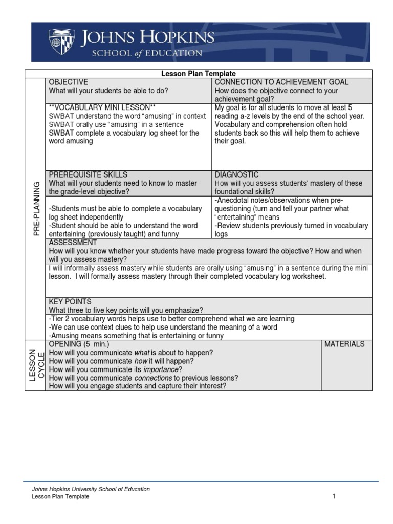 Lesson Plan Template: Johns Hopkins University School of Education ...