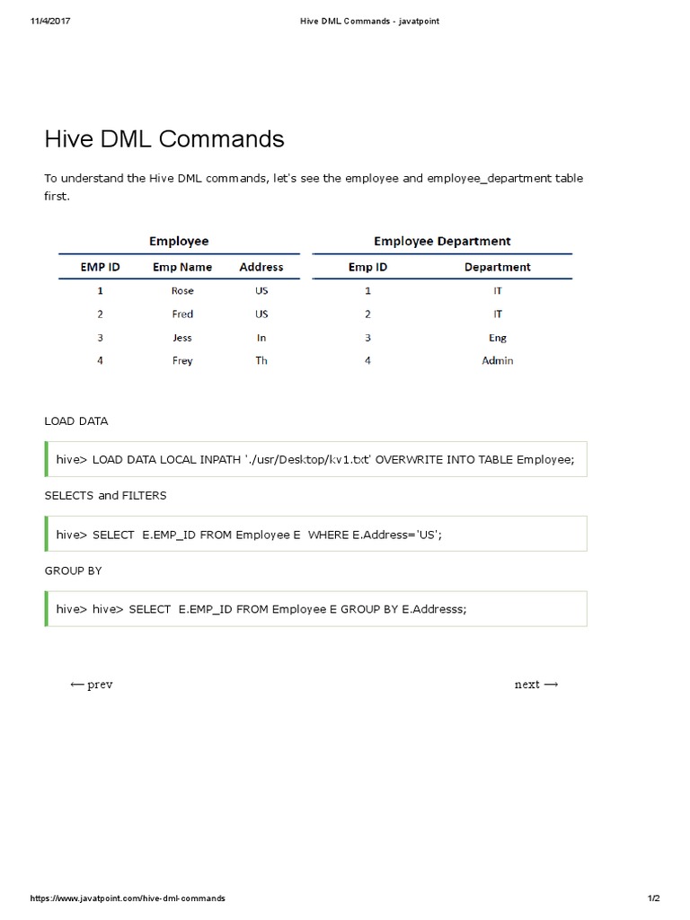 Hive DML Commands - Javatpoint | PDF