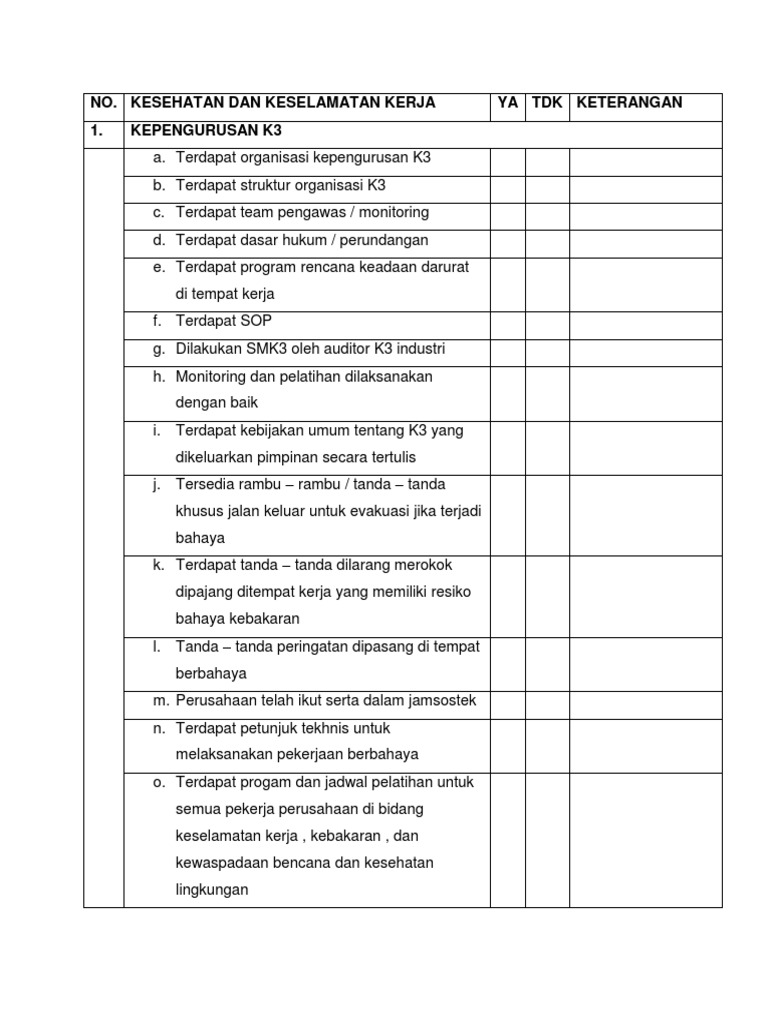 Checklist Kesehatan Dan Keselamatan Kerja | PDF