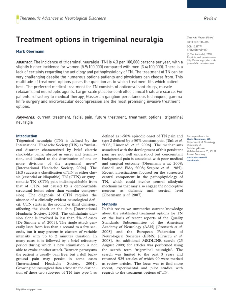 Treatment Options in Trigeminal Neuralgia: Mark Obermann | PDF | Pain ...