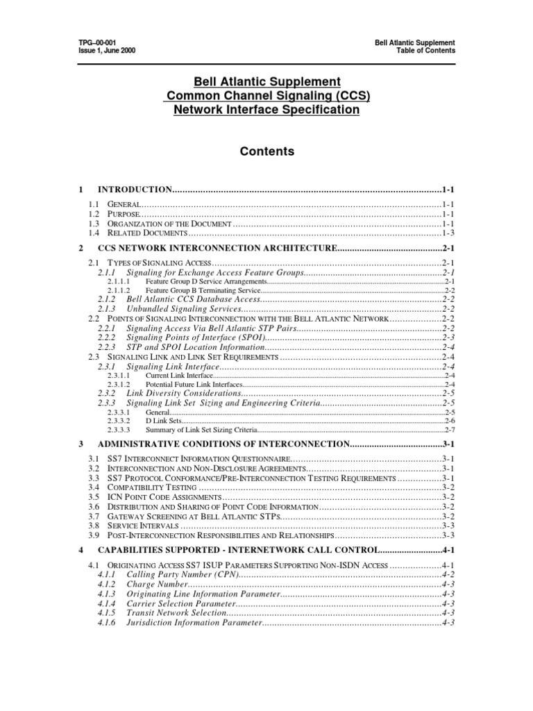 Bell Atlantic Supplement Common Channel Signaling (CCS) Network Interface Specification | PDF ...