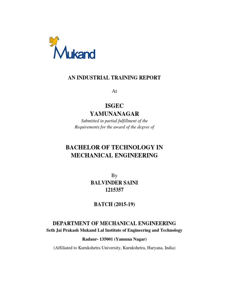 Isgec Yamunanagar: An Industrial Training Report | PDF