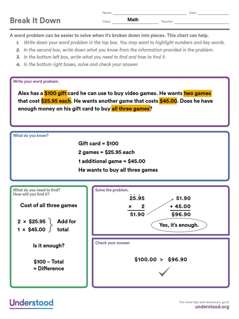 Breaking Down Word Problems: Using a Step-by-Step Chart to Solve for ...